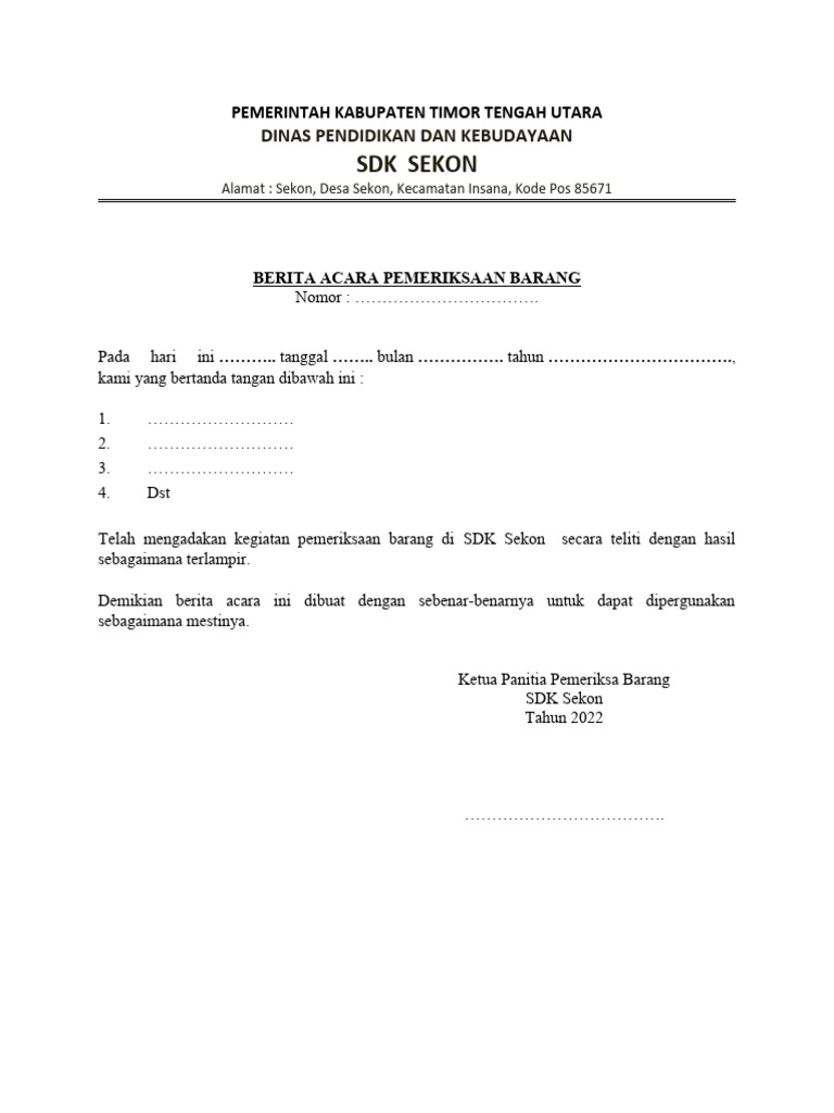 Berita Acara Pemeriksaan Barang Sekolah 2022 | PDF