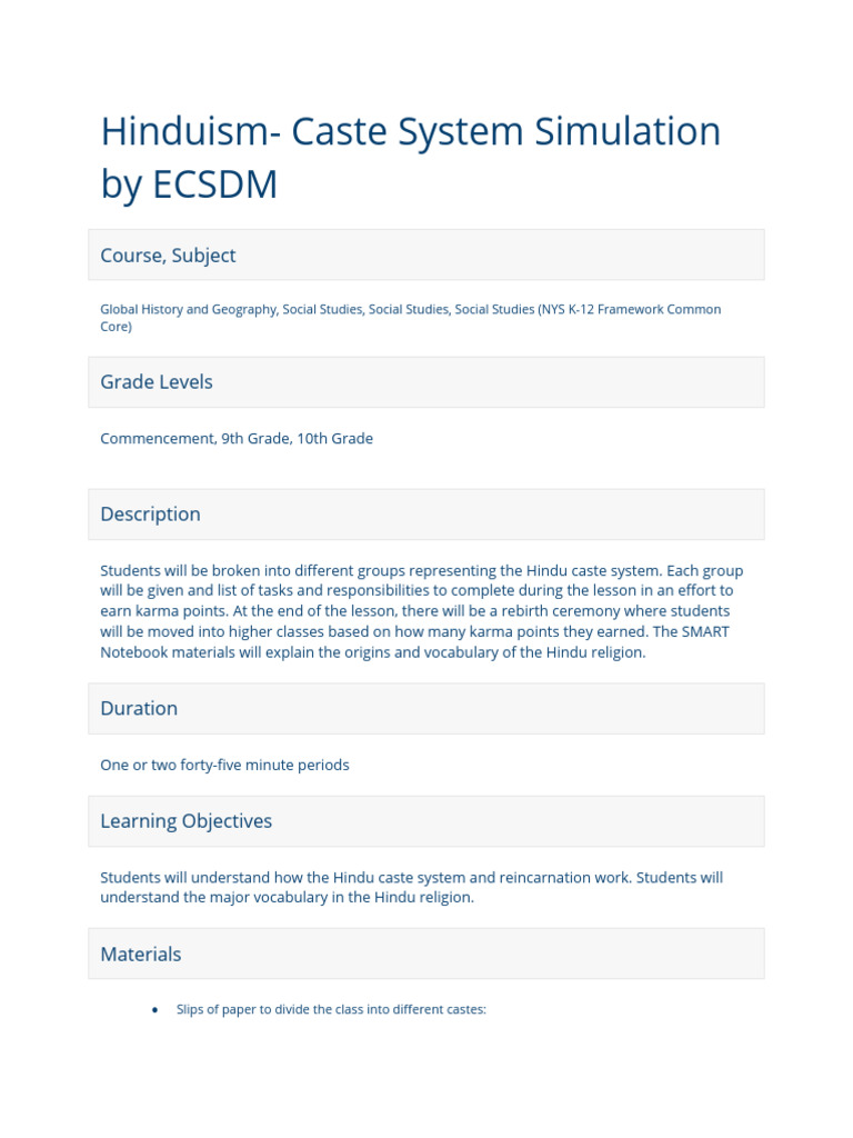 Hindu Caste System Simulation Activity | PDF | Karma | Reincarnation