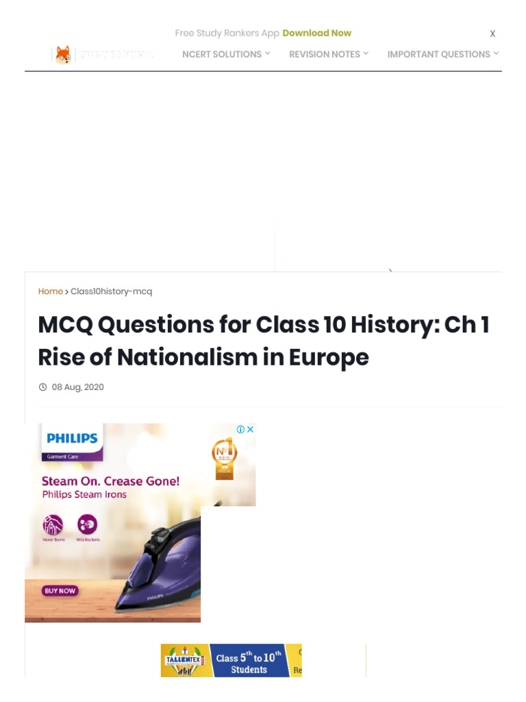 MCQ Questions For Class 10 History - CH 1 Rise of Nationalism in Europe ...