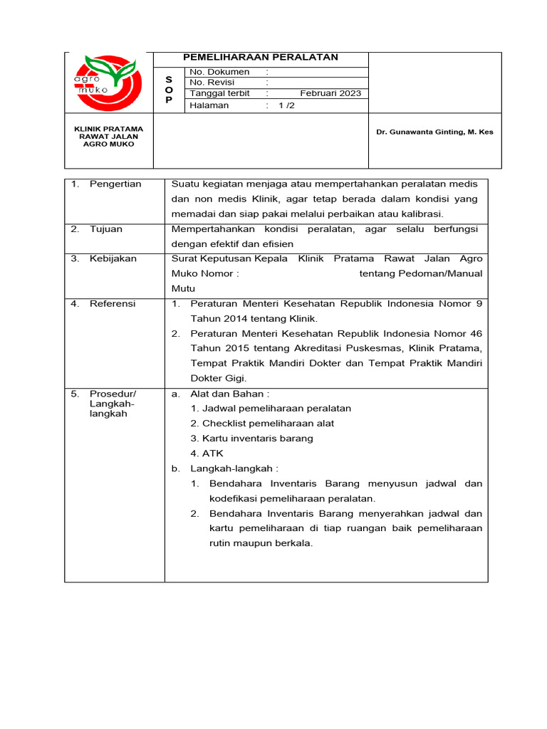 SOP - Pemeliharaan Peralatan | PDF