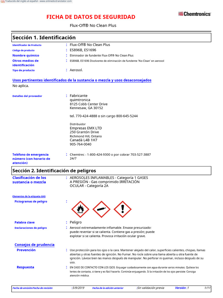 Chemtronics Flux-Off No Clean Safety Data Sheet - En.es | PDF ...