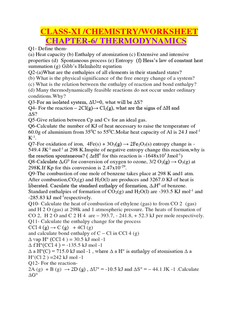 Class-XI Chemistry Thermodynamics Worksheet Document | PDF | Enthalpy ...