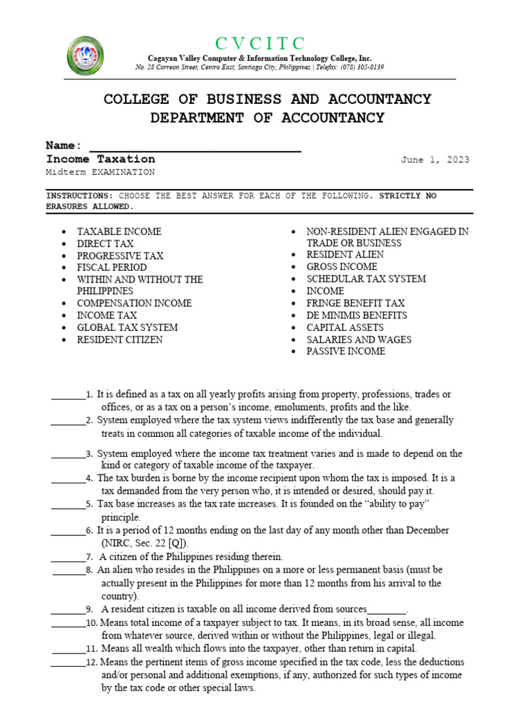Income Tax - Midterm - Exam | PDF | Taxes | Gross Income