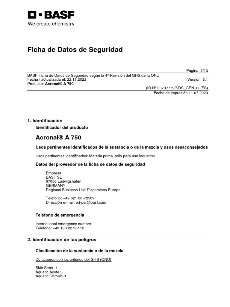 Acronal FDS | PDF | Toxicidad | Agua