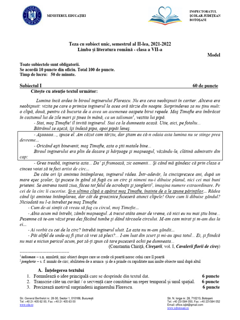 Clasa A VII A - Model - SUBIECT | PDF
