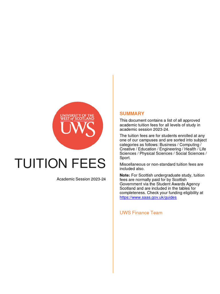 Uws Tuition Fees Schedule 2023 24pdf | PDF | Postgraduate Education | Undergraduate Education