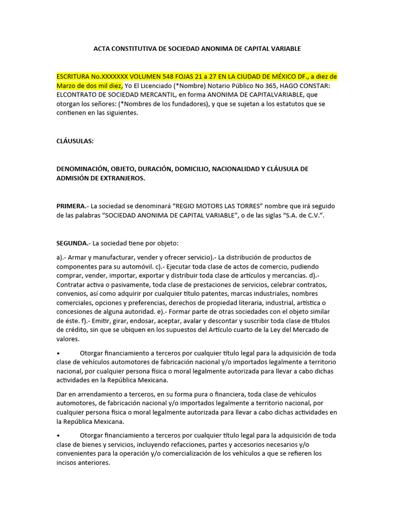 Ejemplo Acta Constitutiva Sociedad Mercantil Word | PDF | Sociedad de responsabilidad limitada ...