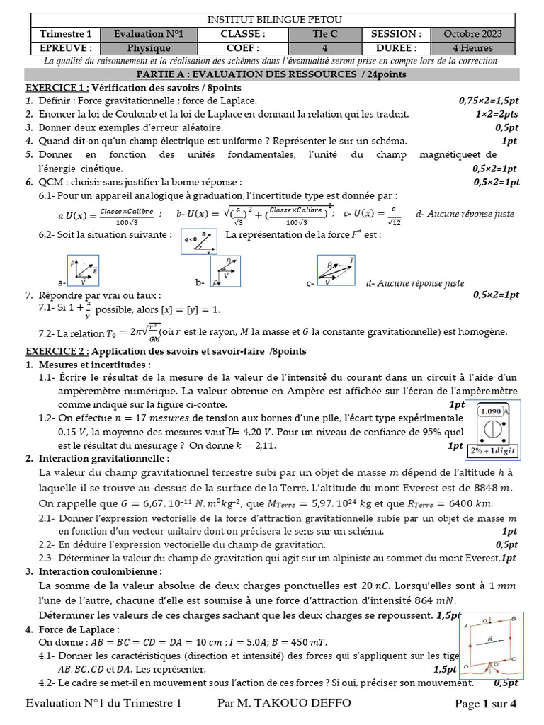 Physique Tle C Evaluation 1 PETOU | PDF