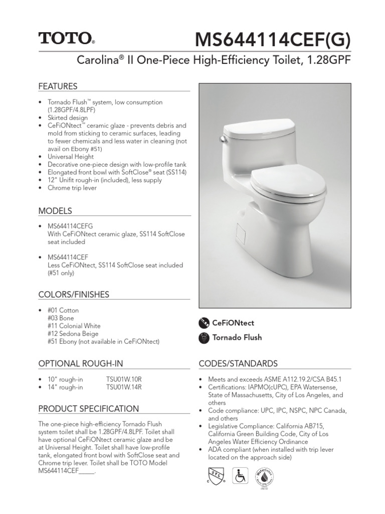 Toto 884 SS-00460 - MS644114CEF - G | PDF | Toilet | Building Engineering
