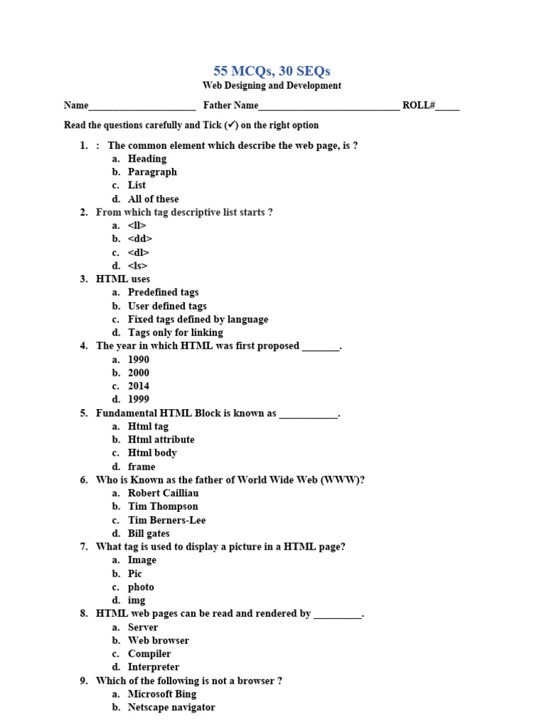 Mcqs Seqs Web Design and Development | PDF