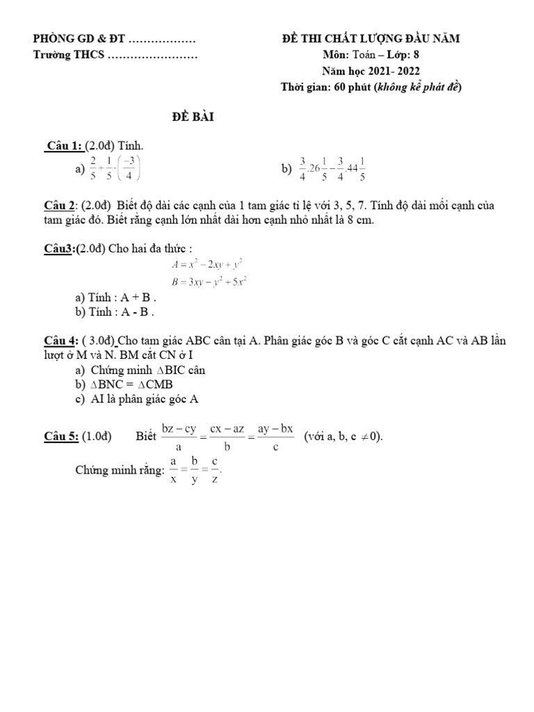 De Thi Khao Sat Chat Luong Dau Nam Mon Toan Lop 8 | PDF