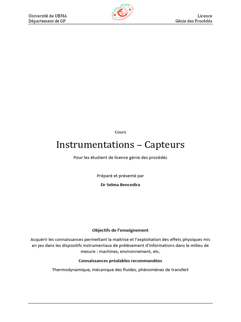 Cours Instrumentation Capteur Chapitre I 2 | PDF