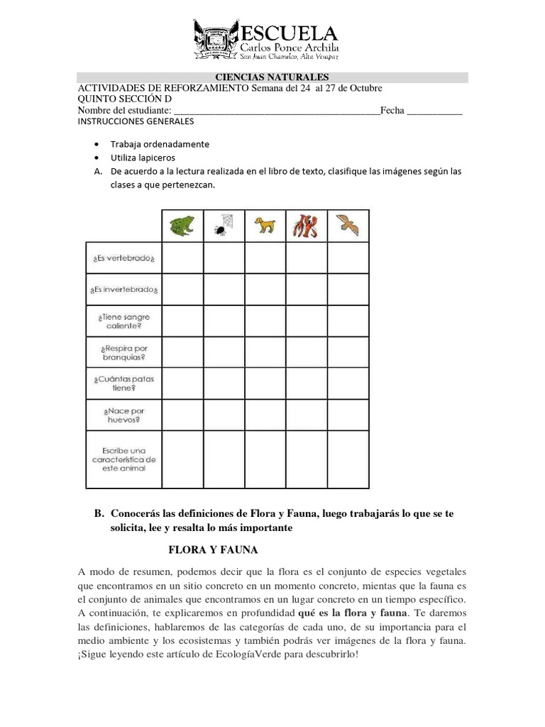 Hoja de Trabajo Ciencias Naturales Quinto D | PDF | Fauna | Ecosistema