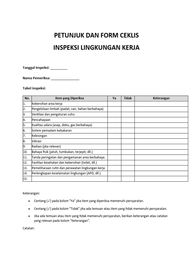 Form Ceklis Inspeksi Lingkungan Kerja | PDF