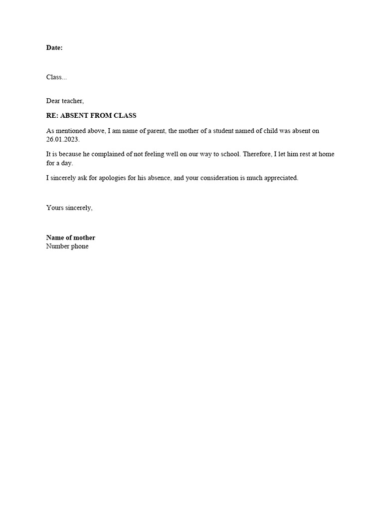 Simple Letter For Absence To Class | PDF