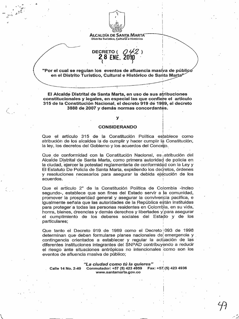 Decreto 042 Enero 2010 Por El Cual Se Regulan Los Eventos de Afluencia Masiva de Público en Sta ...