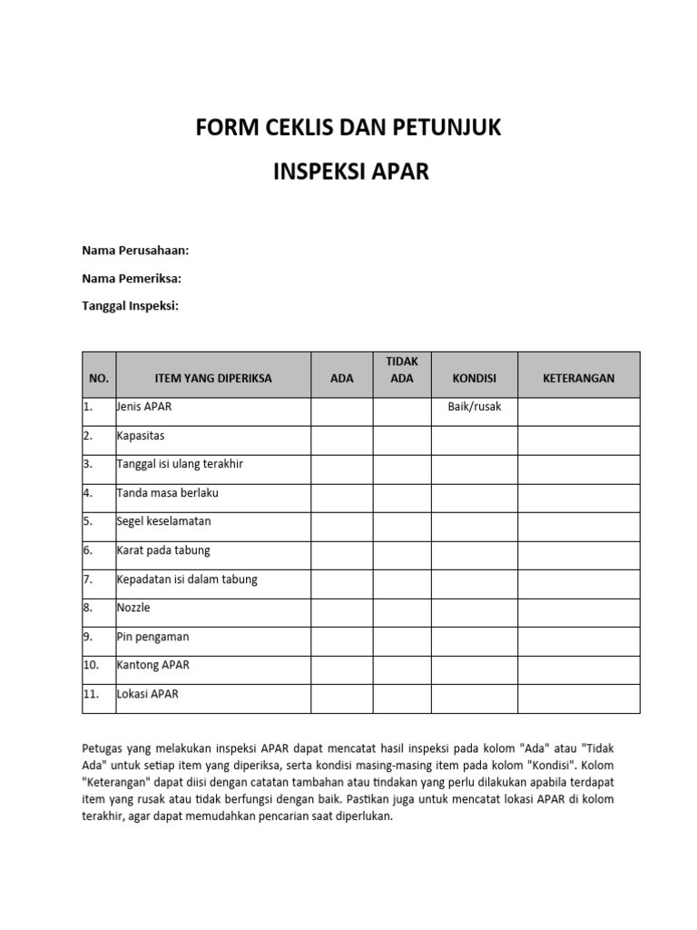 Ceklis Inspeksi dan Pemeliharaan APAR | PDF