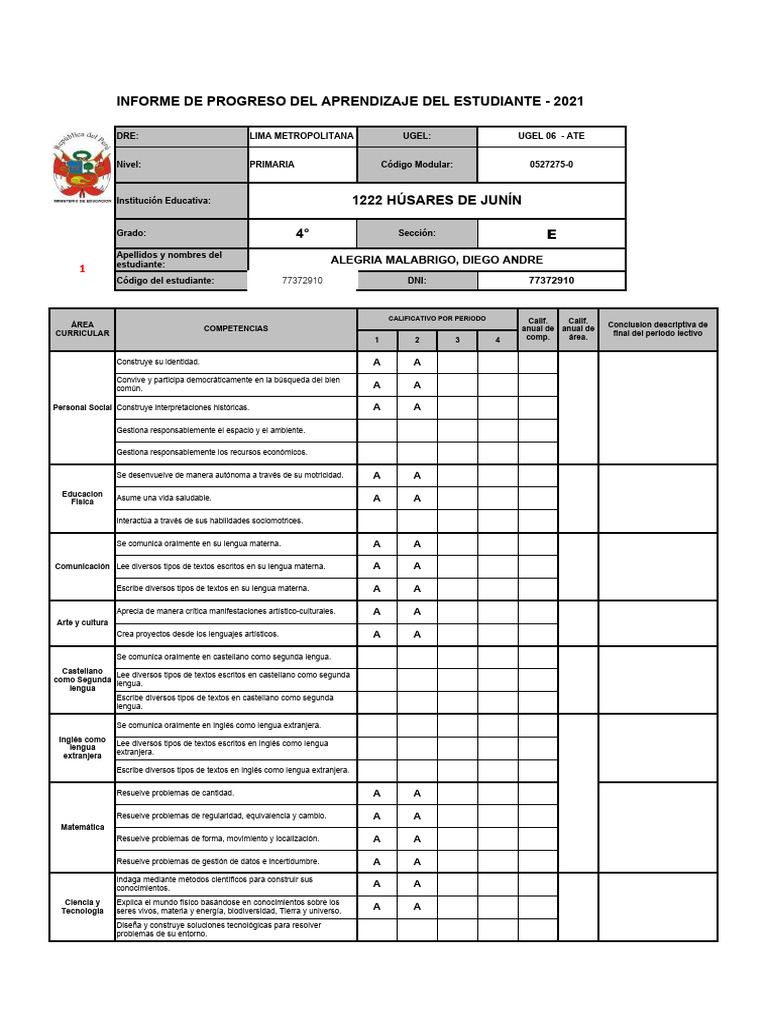 Informe de Progreso 1222 2021 | PDF | Segundo lenguaje | Matemáticas