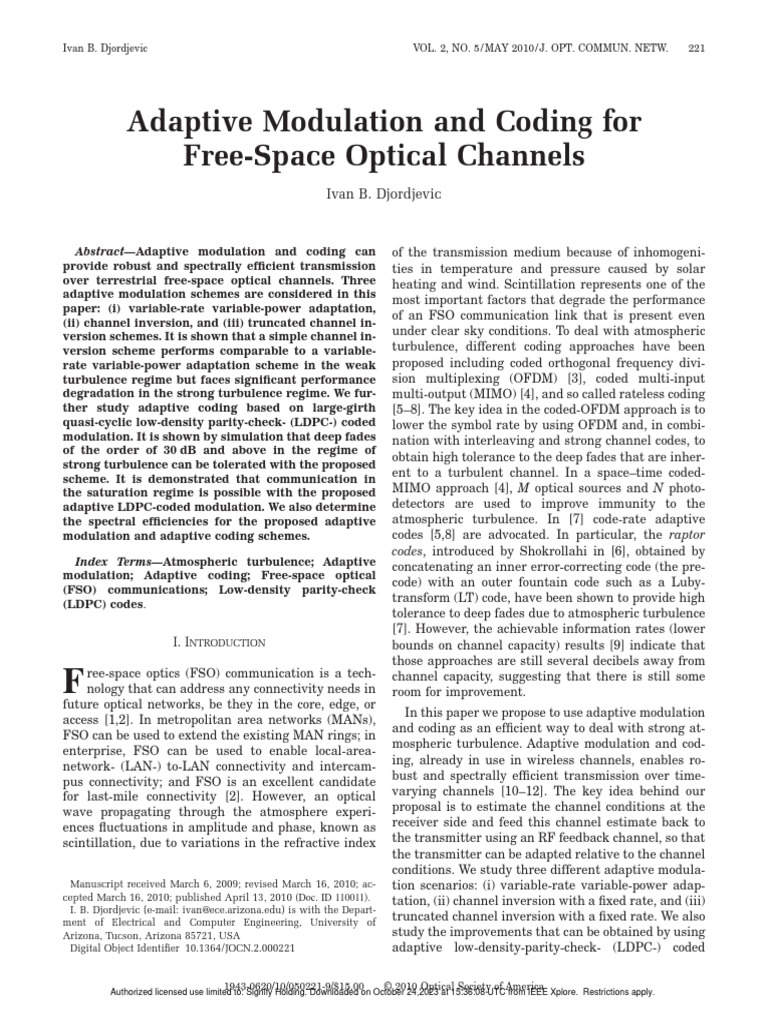 Adaptive Modulation and Coding For Free-Space Optical Channels | PDF | Signal To Noise Ratio ...
