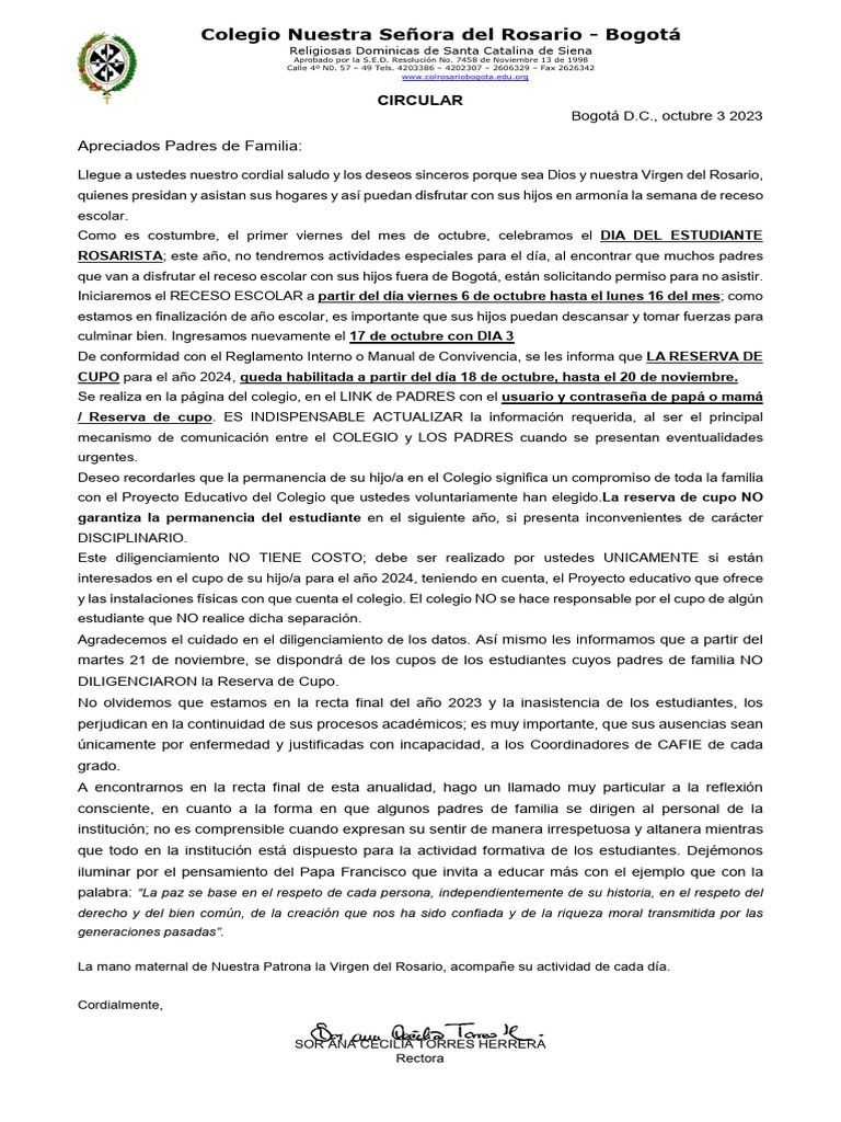 Colegio Nuestra Señora Del Rosario - Bogotá: Circular | PDF