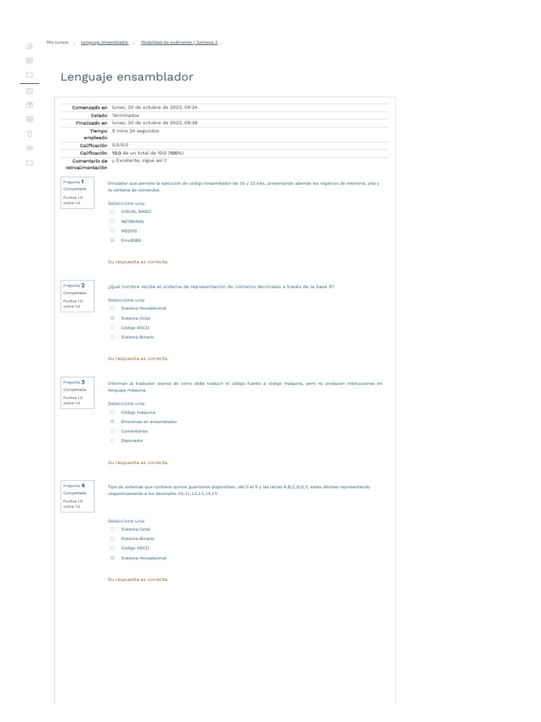 Modalidad de Exámenes - Semana 2 - Revisión Del Intento - Lenguaje Ensamblador | PDF | Lenguaje ...