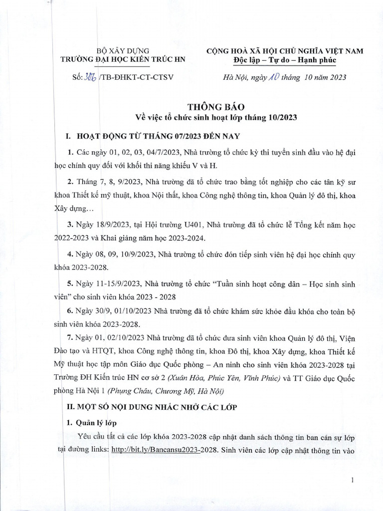 306 TB-CTSV - 0001-TB T CH C Sinh Ho T L P T10.2023 | PDF