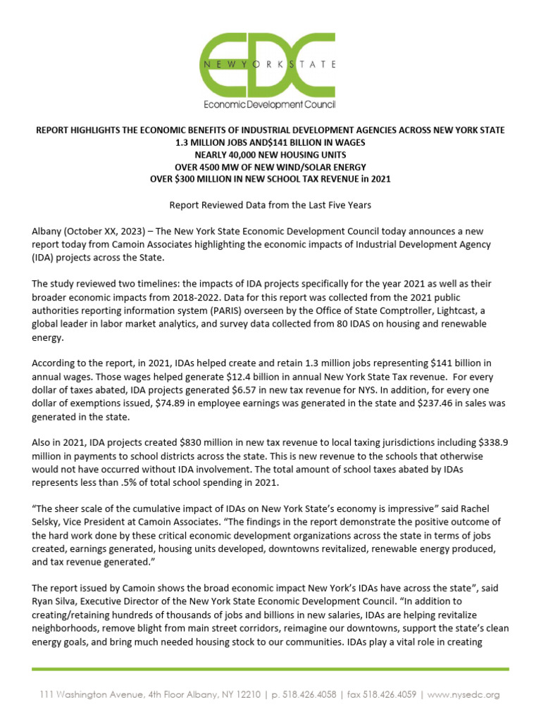 New York State Economic Development Council Release On IDAs | PDF ...