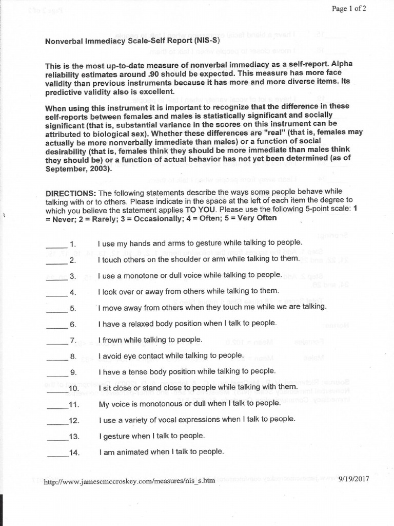 Nonverbal Immediacy Questionnaire | PDF