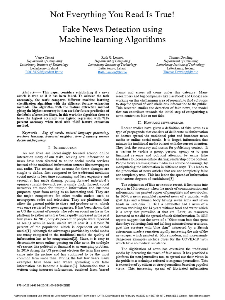 Not Everything You Read Is True Fake News Detection Using Machine ...