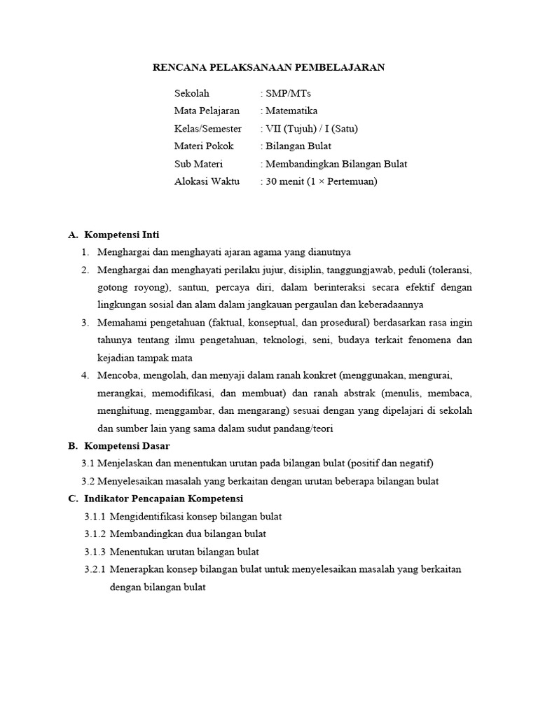 RPP Kelas 7 Semester Ganjil Bilangan Bulat - Tasya Dinata | PDF