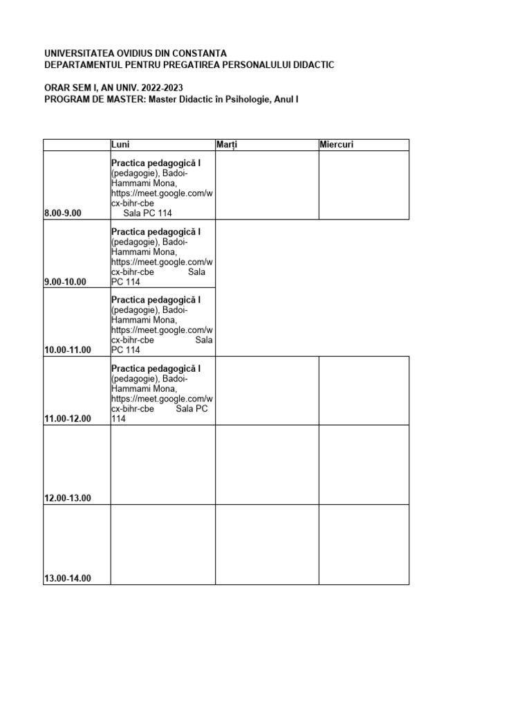 Orar Masterat Didactic Sem I 22 23 FINAL Cu Sali | PDF