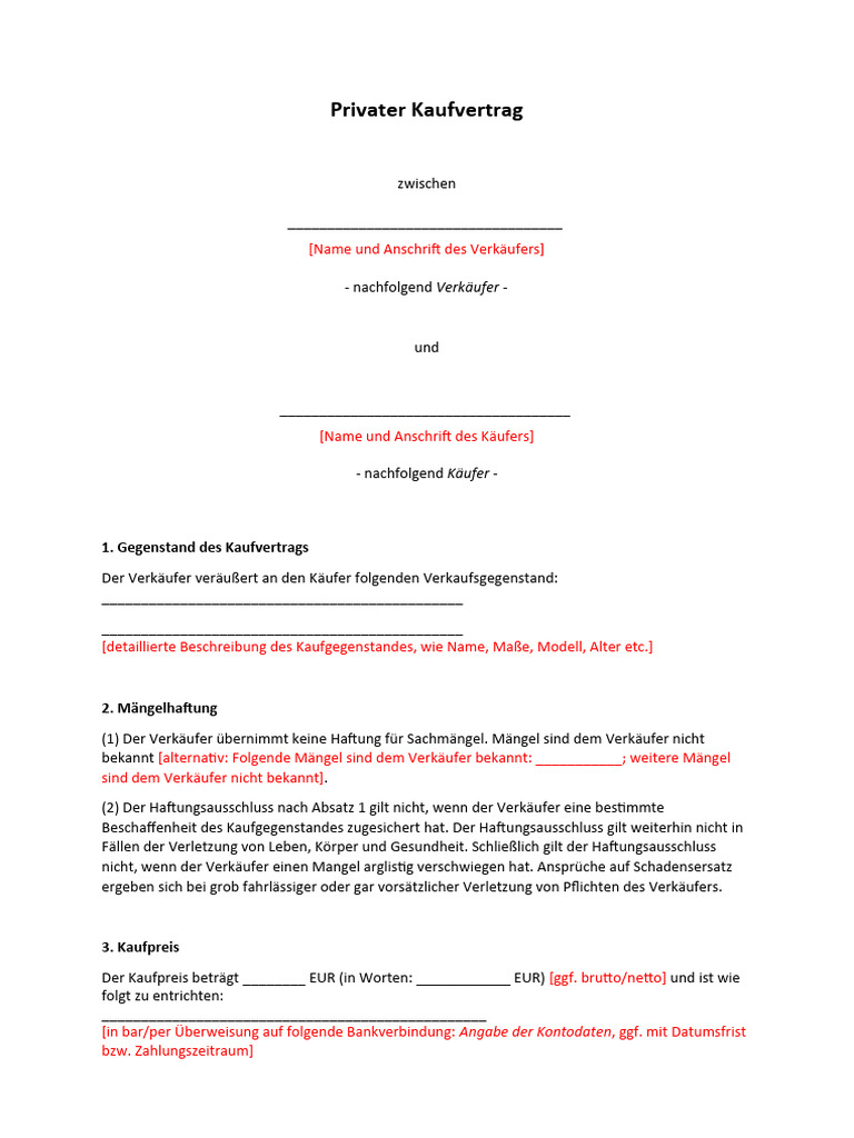Kaufvertrag Vorlage | PDF