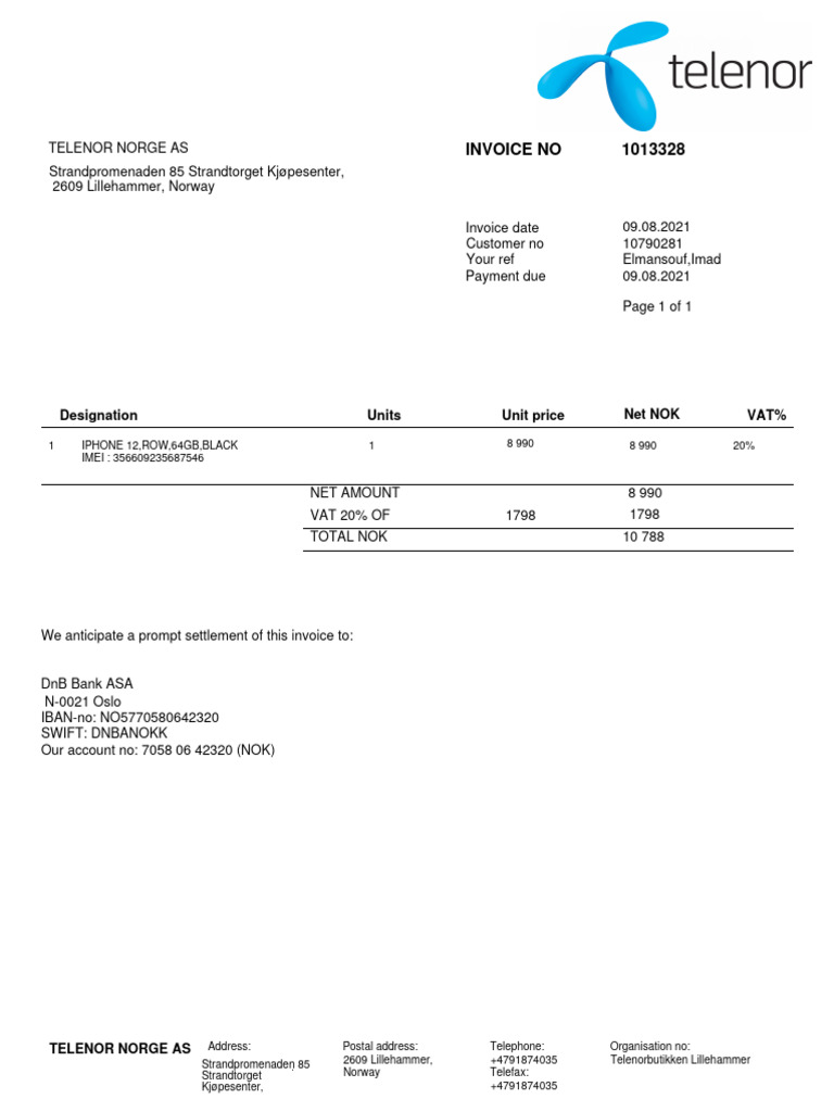 Telenor Norge Invoice for iPhone 12 | PDF