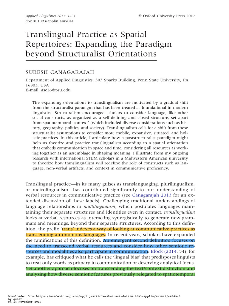 Suresh Canagarajah - Translingual Practices As Spatial Repertoires | PDF