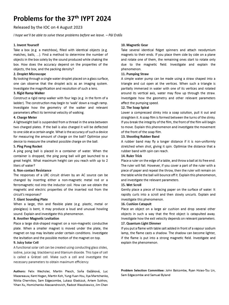 37th IYPT 2024 Physics Problems | PDF
