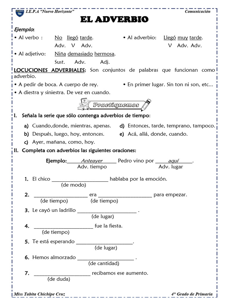 Práctica Sobre Los Adverbios - 4to de Primaria | PDF