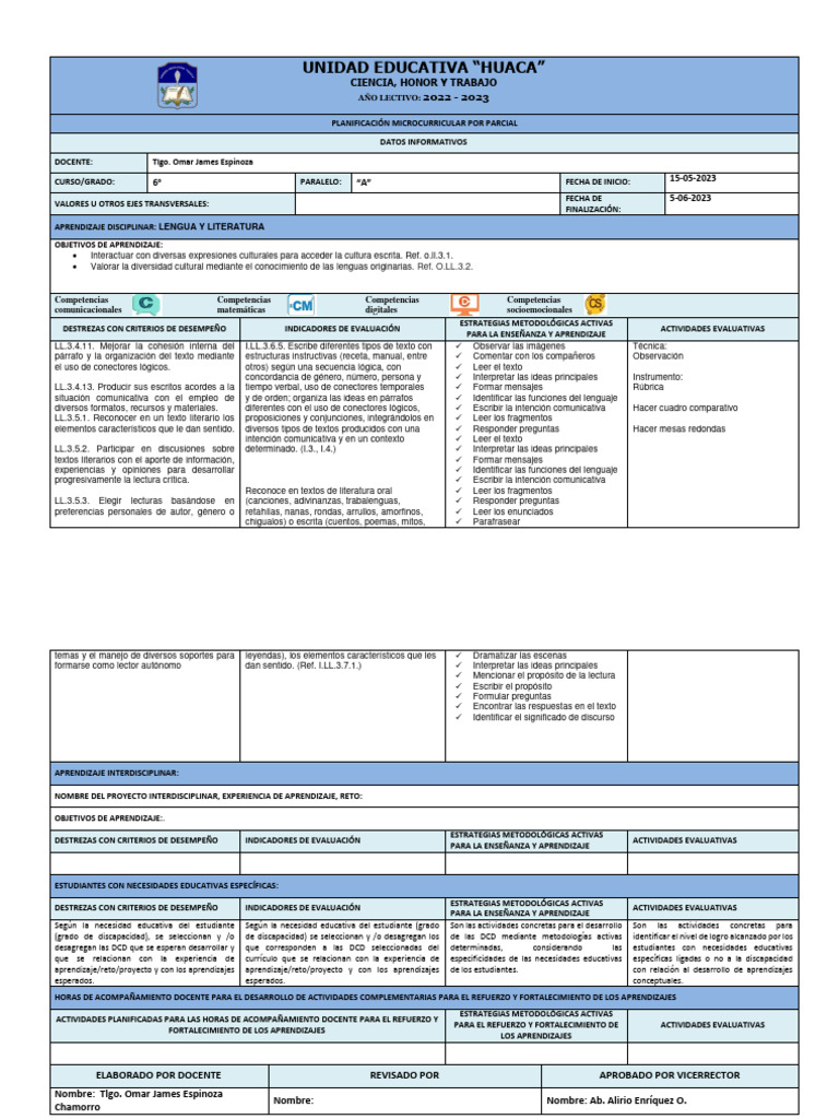 Formato de Planificación Microcurricular Lengua | PDF