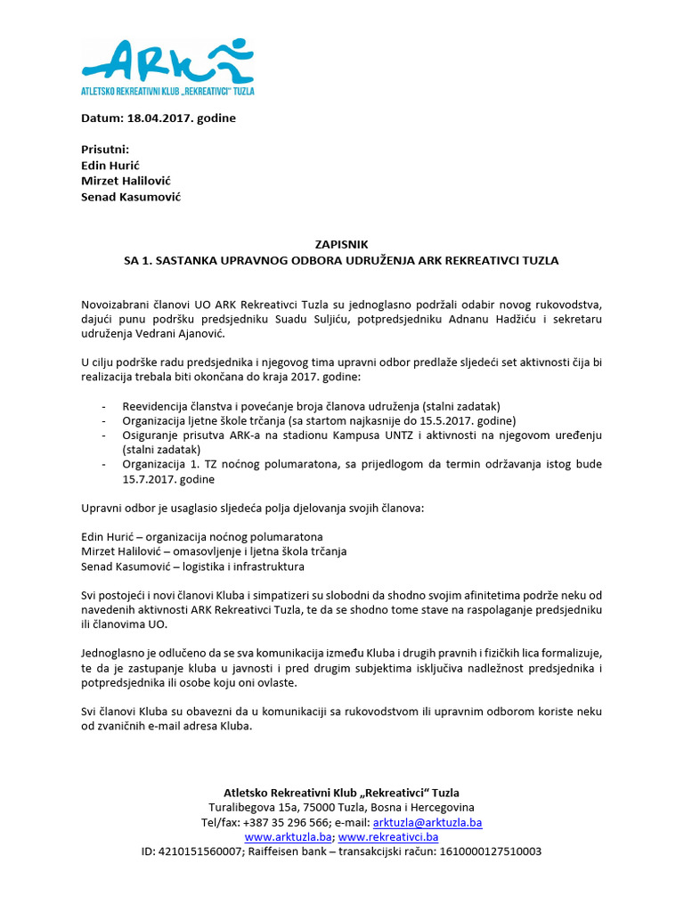 Zapisnik Sa 1. Sastanka UO ARK Tuzla | PDF
