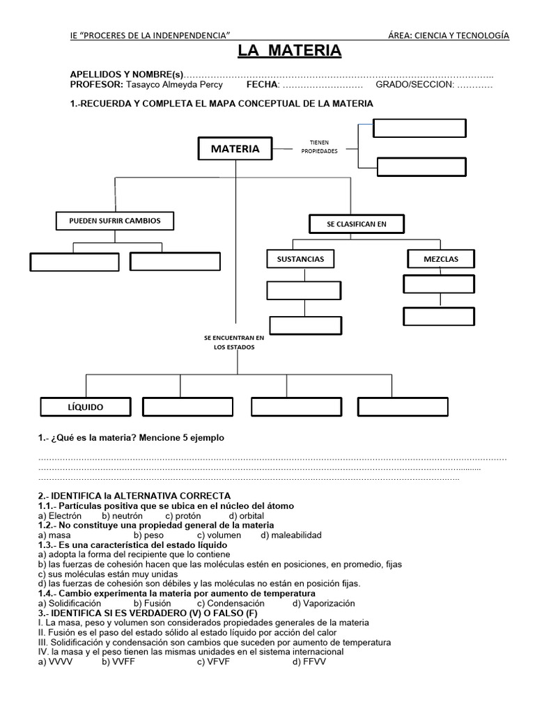 Ficha de Trabajo de Ciencia y Materia | PDF | Importar | Elementos químicos