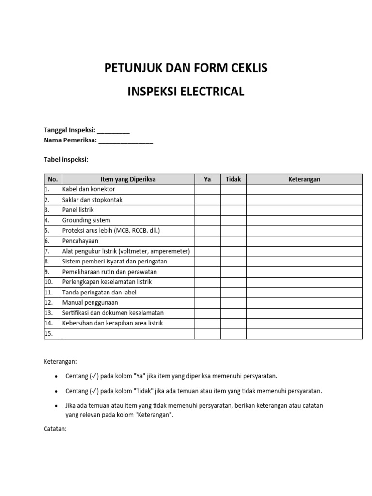 Form Ceklis Inspeksi Electrical | PDF