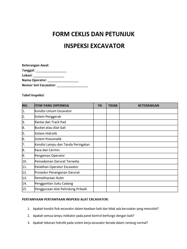 Form Ceklis Inspeksi Excavator | PDF
