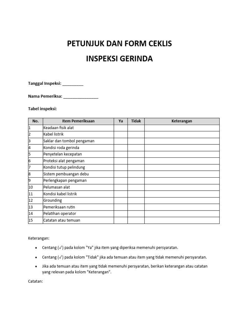 Ceklis Inspeksi Keselamatan Gerinda | PDF