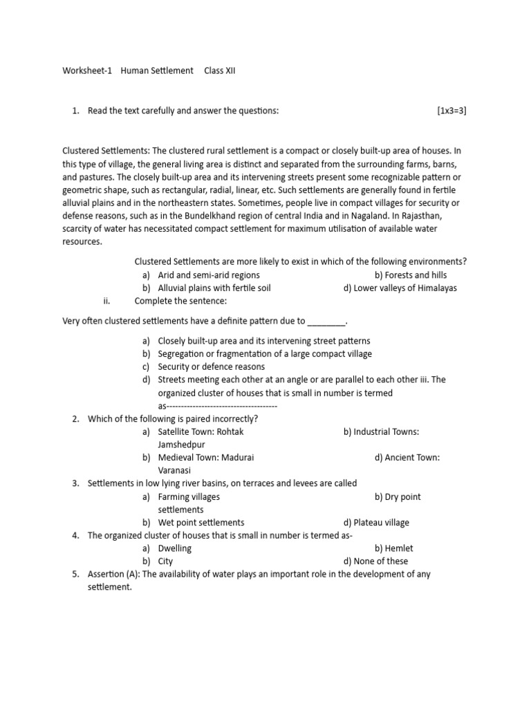 Class 12 Geo Worksheet Human Settlement | Download Free PDF | Reason ...