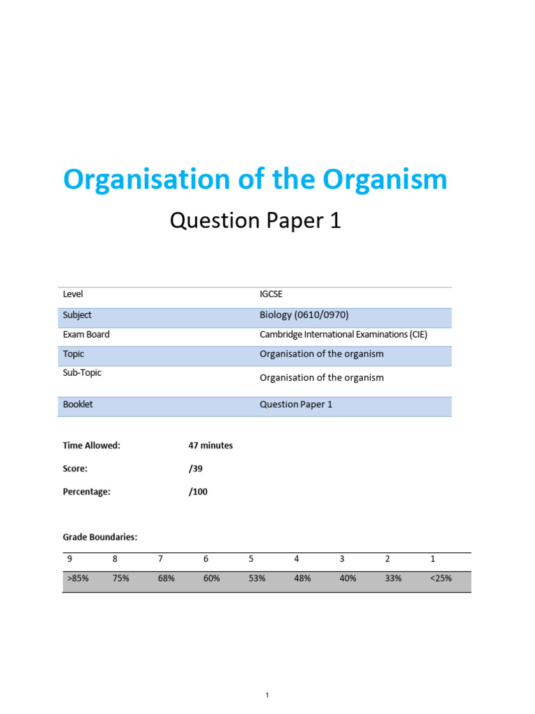 2 Organisation of The Organism Topic Booklet 1 CIE IGCSE Biology | PDF