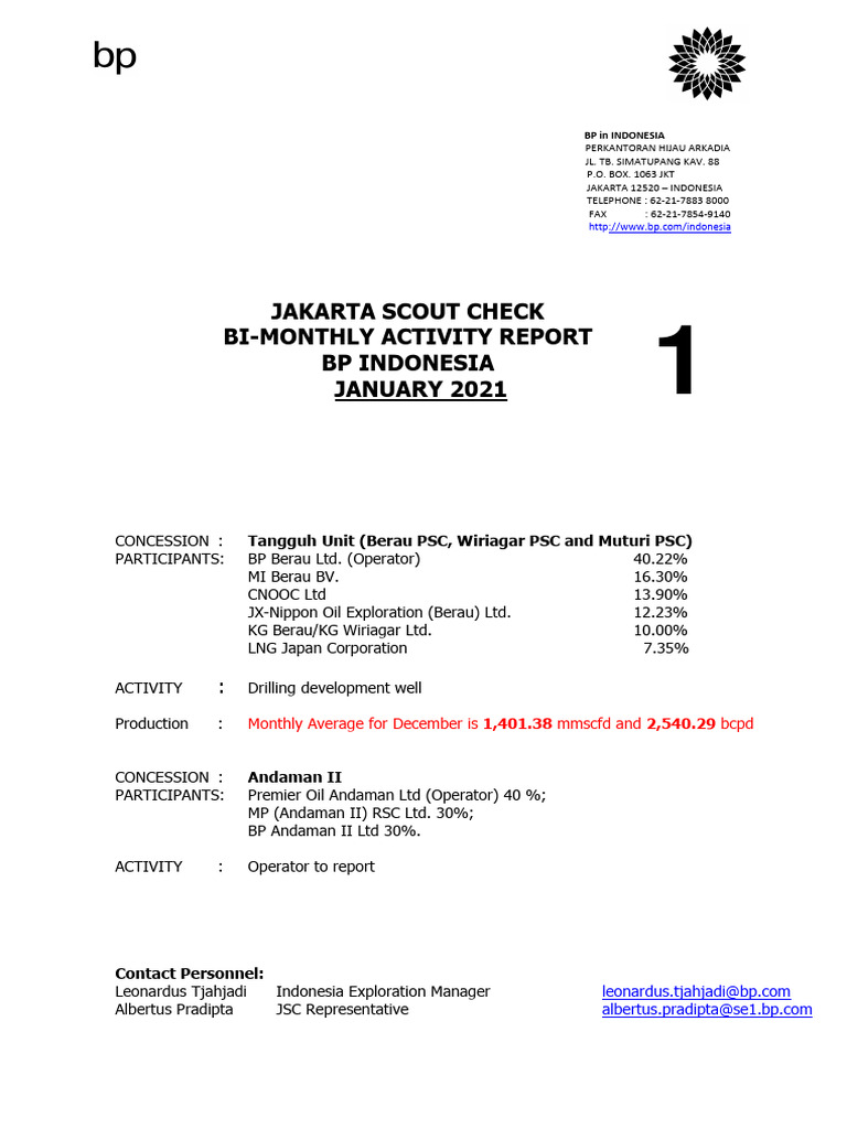 JSC Bimonthly Report - Januari 2021 | PDF | Resource Extraction | Petroleum