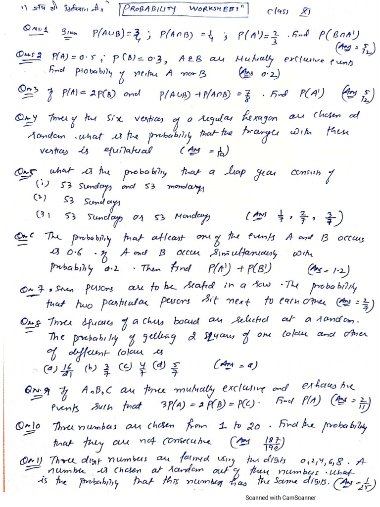 PROBABILITY WORKSHEET 1 (2023) Class 11th | PDF