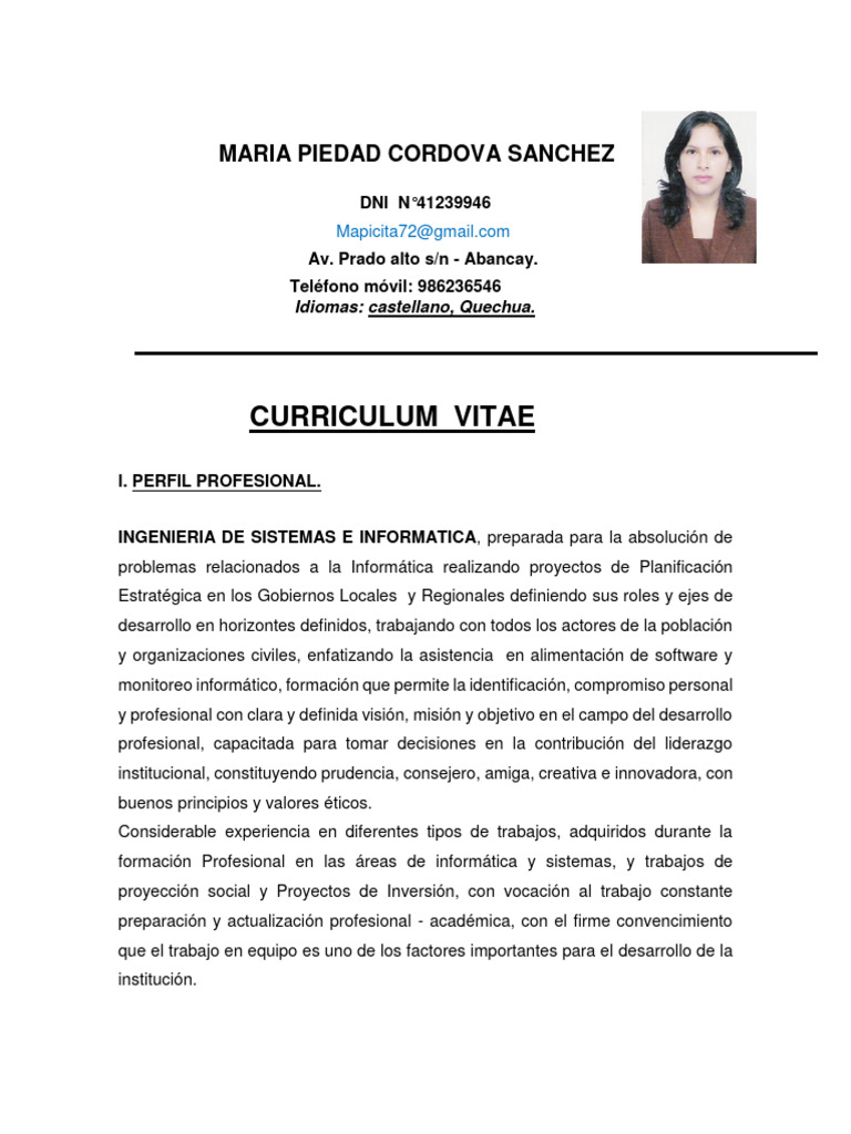 Cv. Maria Piedad Cordova Sanchez | PDF