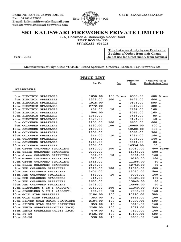 Sri Kaliswari Fireworks Price List 2023 | PDF