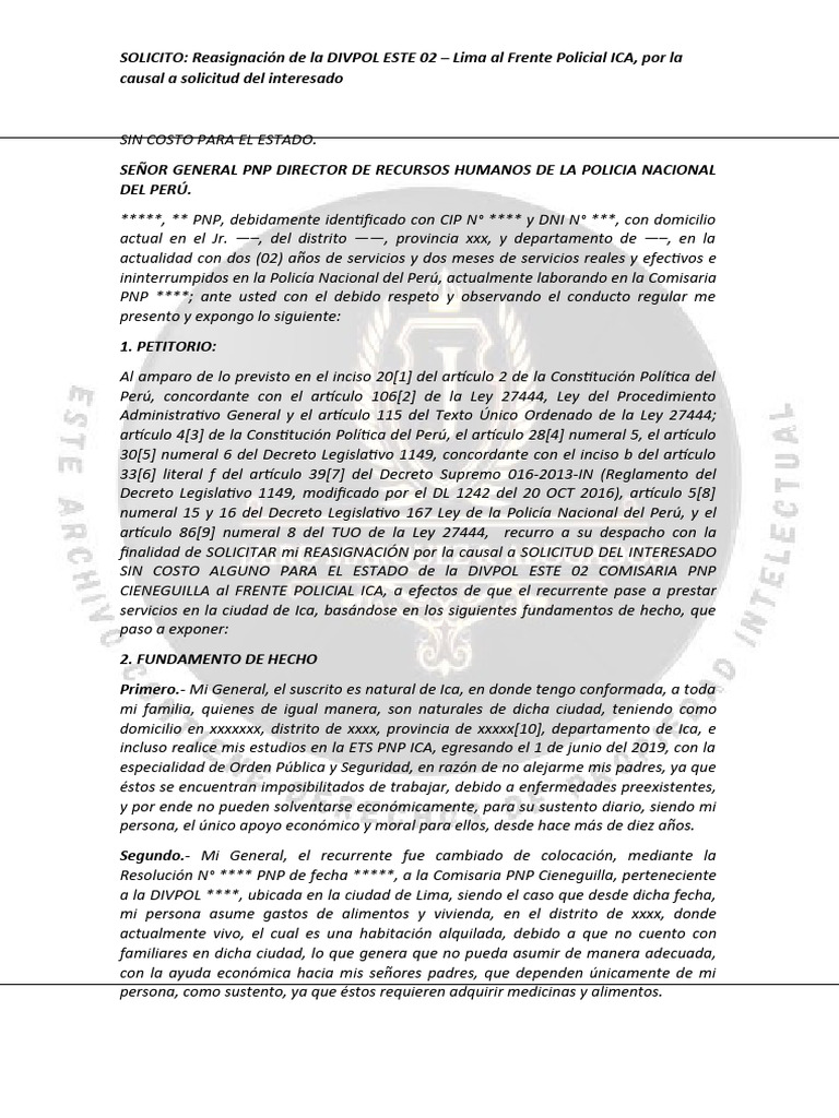 Modelo de Solicitud Por Cambio de Colocación PNP | PDF | Gobierno | Justicia