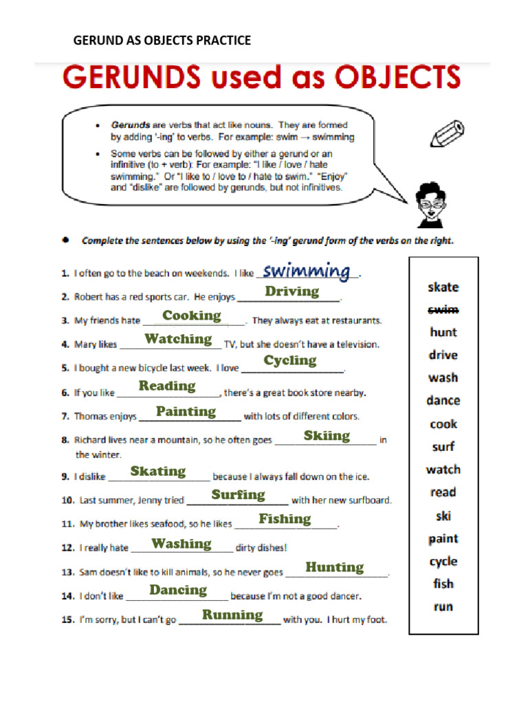 GERUND AS OBJECTS PRACTICE Resuelto | PDF | Wellness